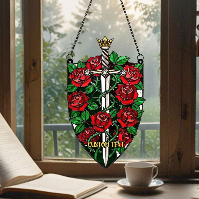 Custom Pink Rose and Sword Stained Glass Window Hanging: Fantasy Book ...