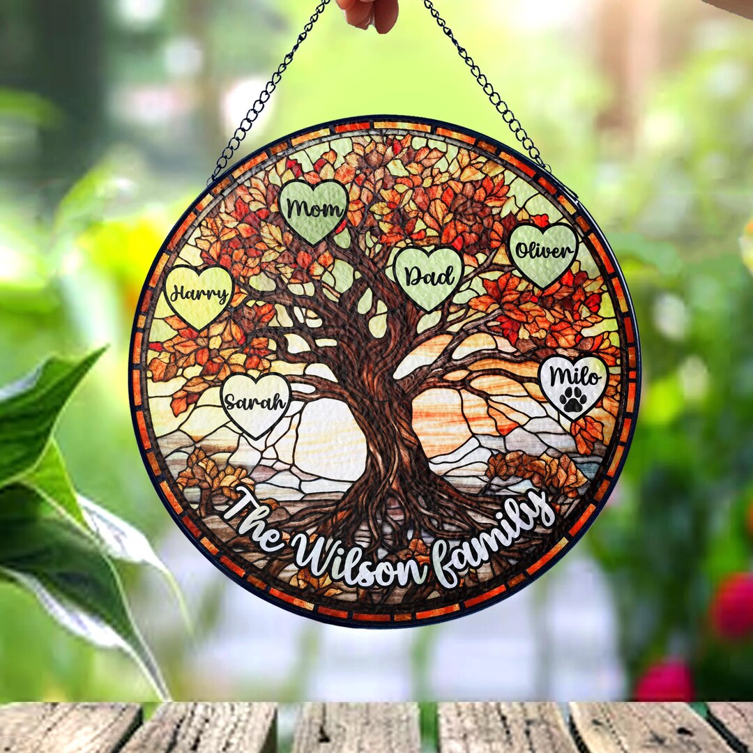 Personalized Family Tree Stained Glass Suncatcher, Custom Name Family ...