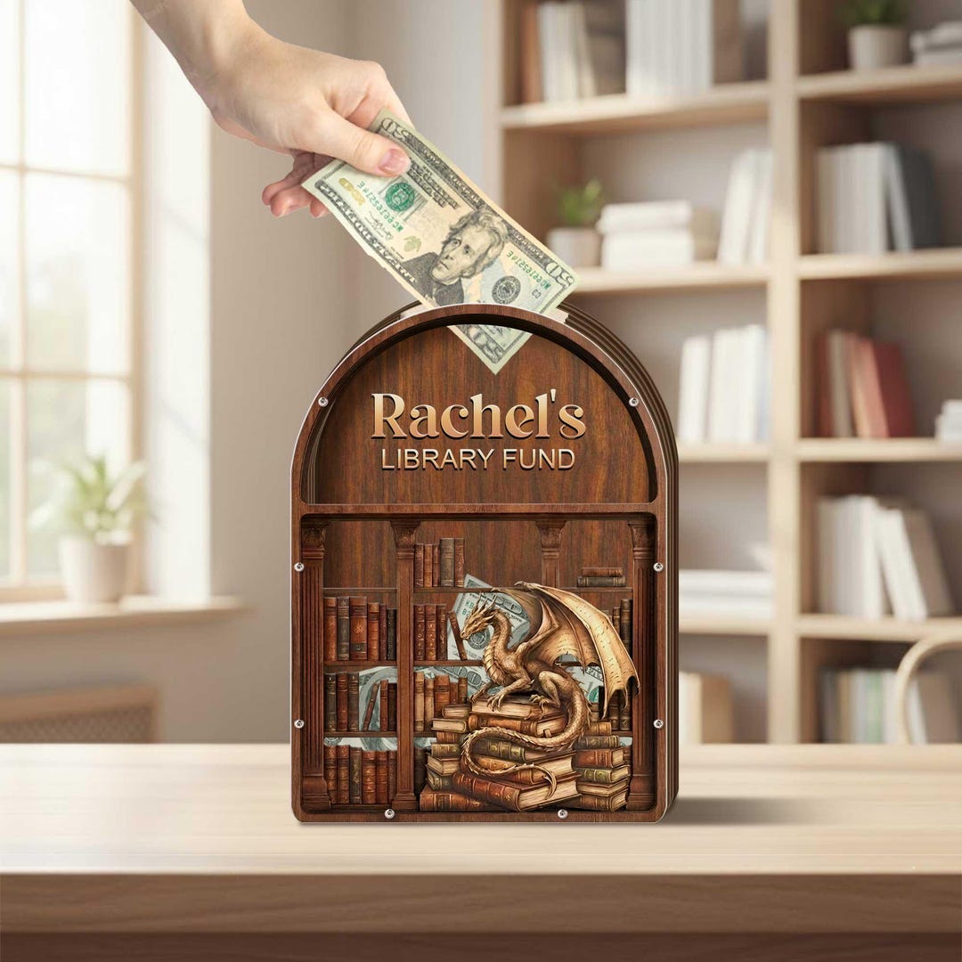 Personalized Library Piggy Bank, Dragon Book Fund Box Savings Box, Book ...