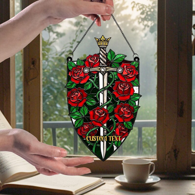 Custom Pink Rose and Sword Stained Glass Window Hanging: Fantasy Book ...