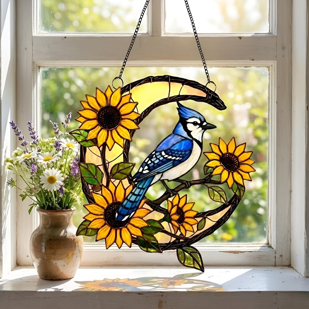Blue Jay Sunflower Acrylic Suncatcher, Bird Stained Glass Window ...
