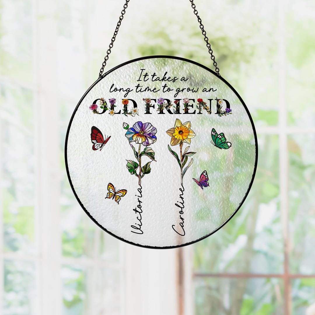 Best Friend Stained Glass Sun Catcher Besties Birth Flower Sun Catcher ...