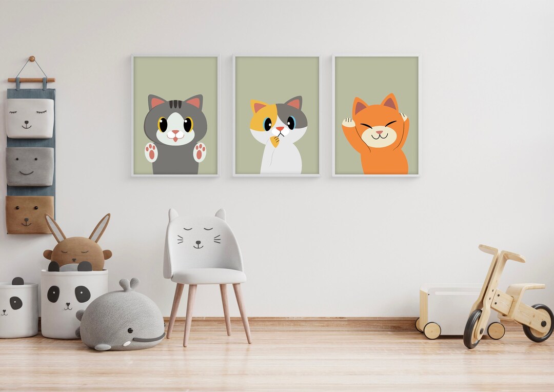 Tríptico para gatos verde, arte mural, decoración de pared, decoración ...