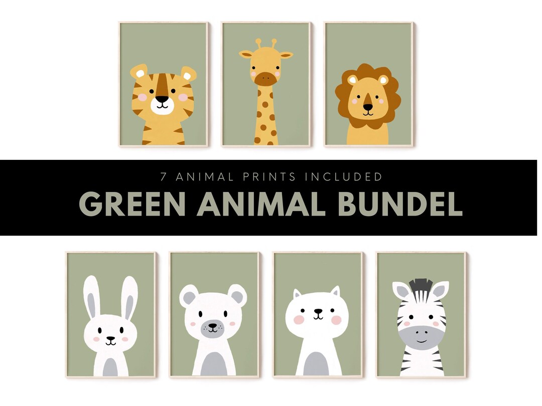Green Animal Print Bundle Jungle Nursery, Safari Wall Art Bundle, Bear ...