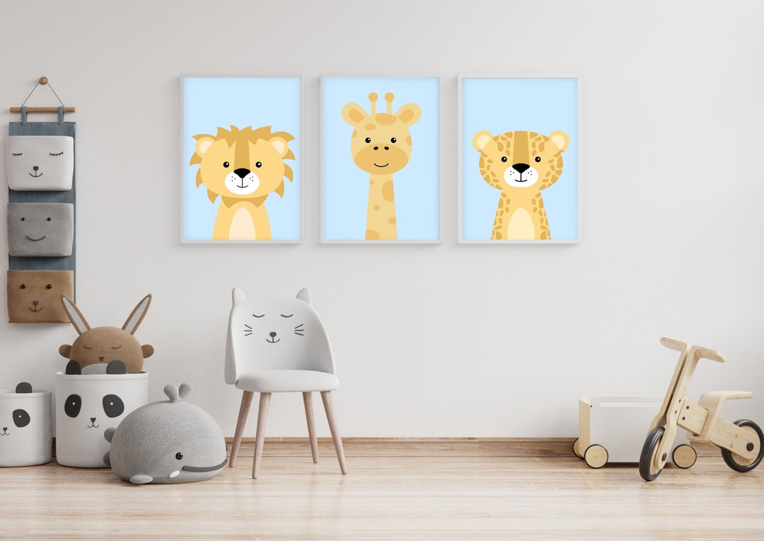 Animal Triptych Blue, Lion, Giraffe, Cheetah, Digital Print, Nursery ...
