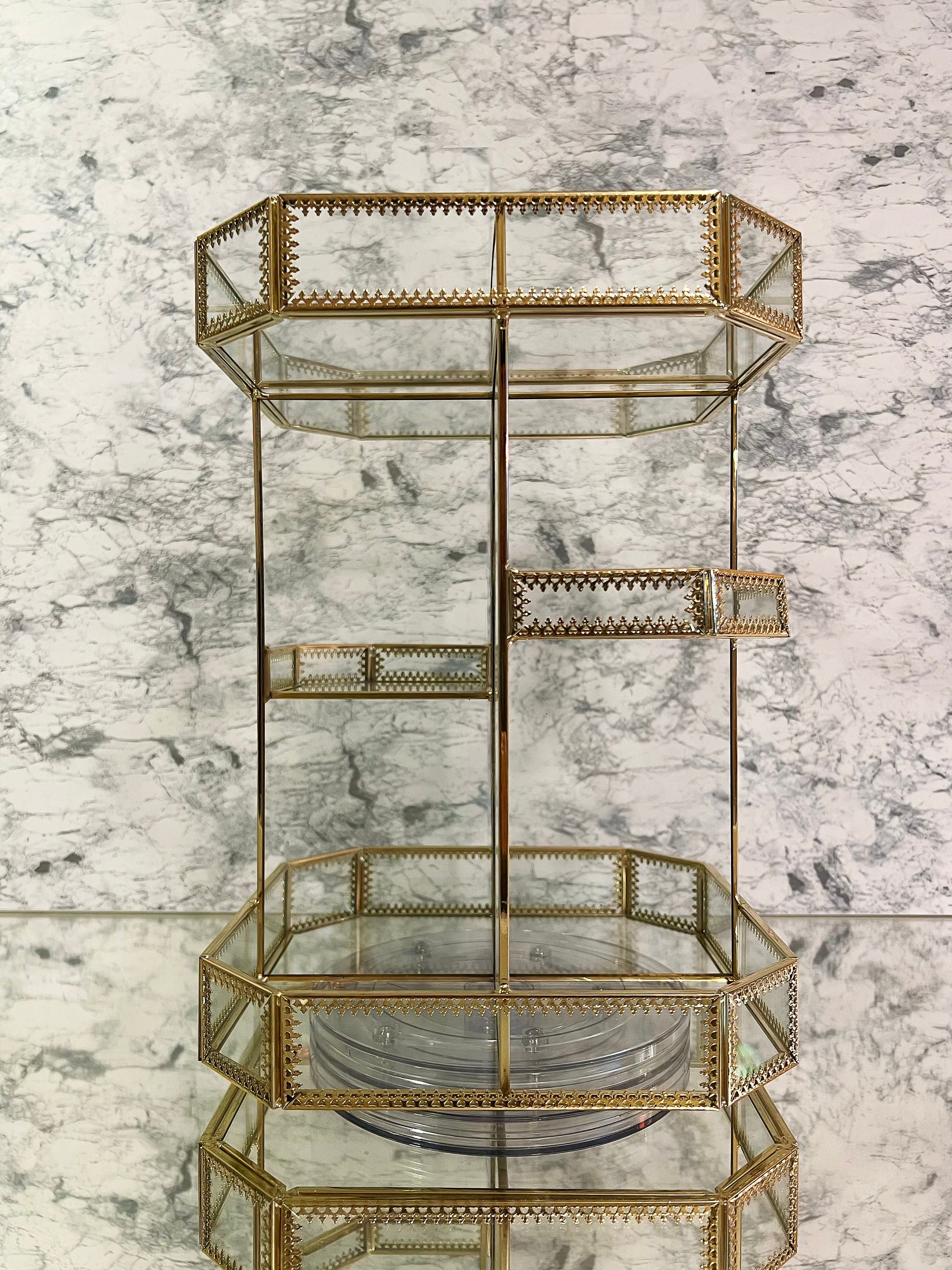 Rotating Glass Makeup Organizer Premium Glass W/ Brass Edges Luxury ...