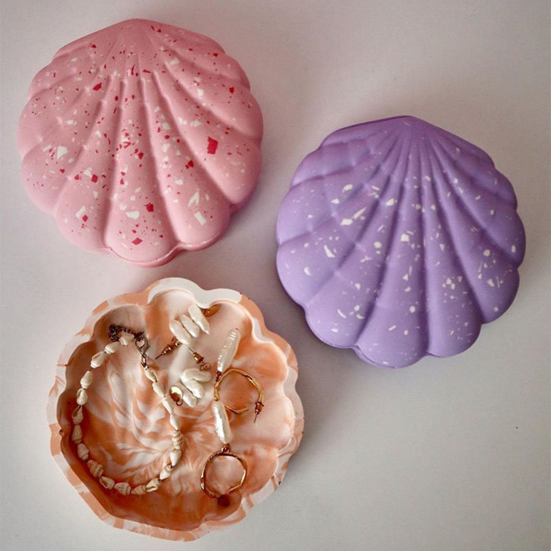 Scallop Shell Trinket Tray With Lid Silicone Mold Resin Concrete Cement ...