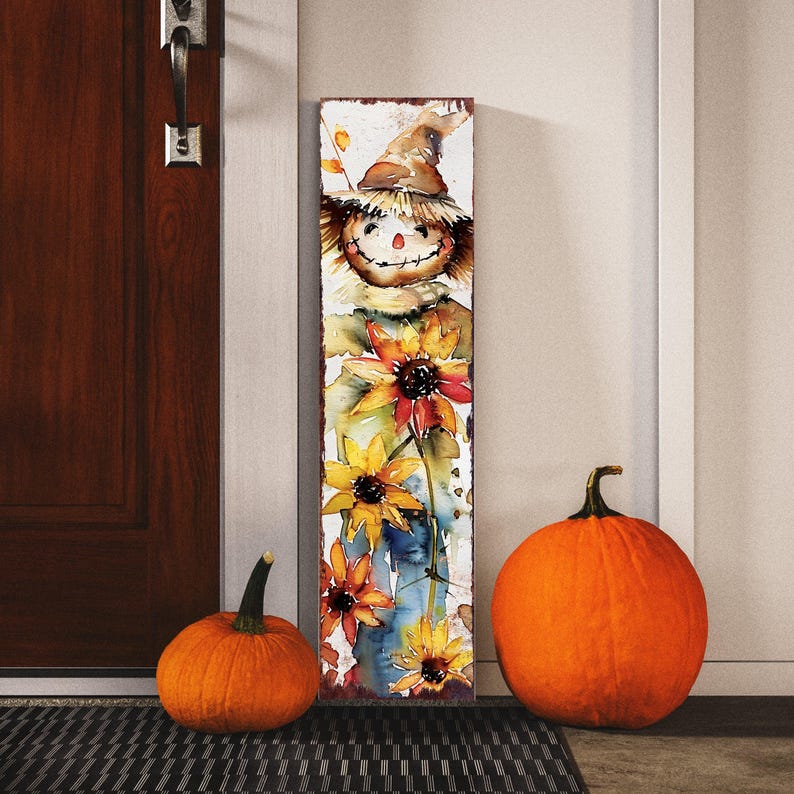 36in Fall Scarecrow Porch Sign - Watercolor Fall Decor for Front Door ...