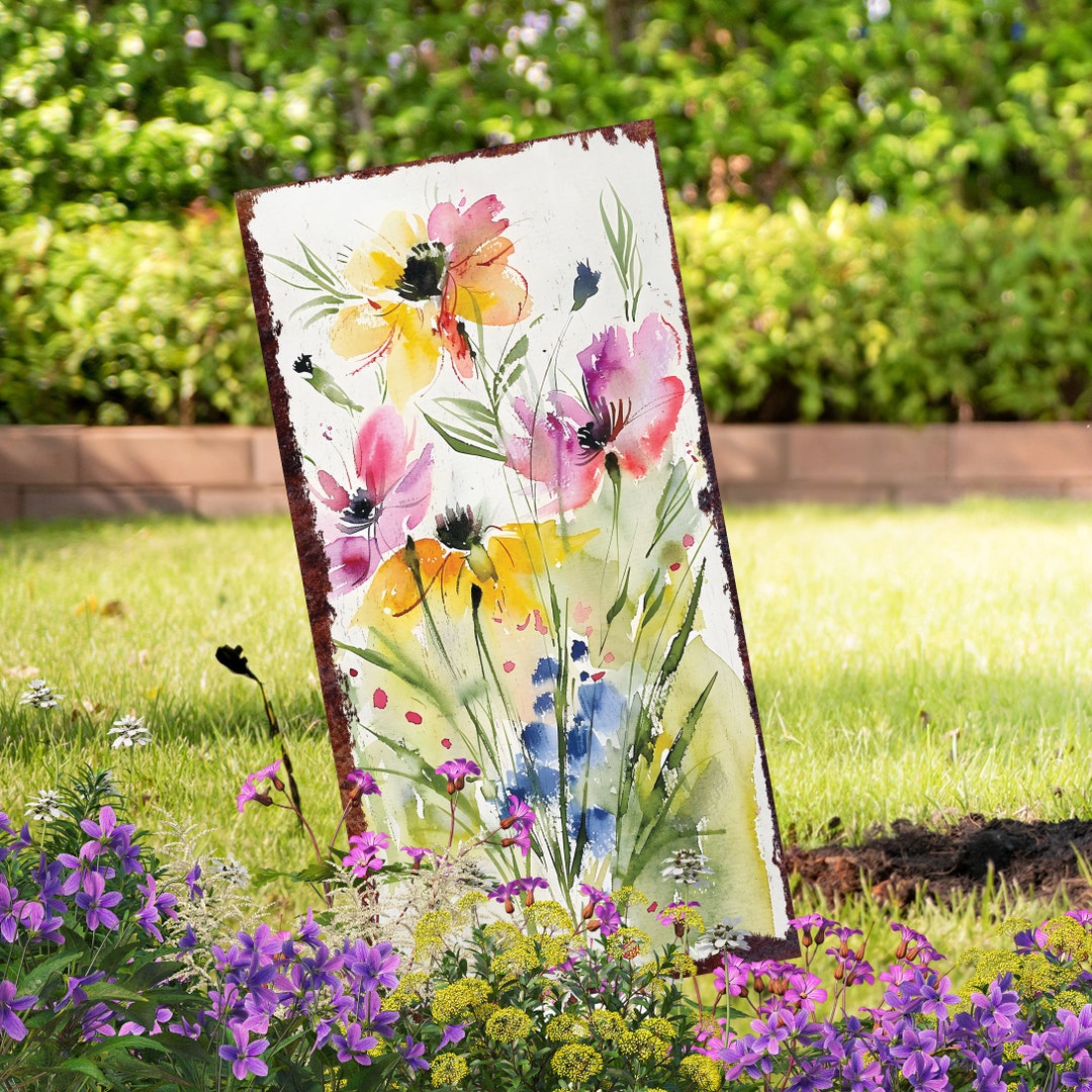 30in Spring Garden Stake Watercolor Wildflower Decor Ideal for Outdoor ...