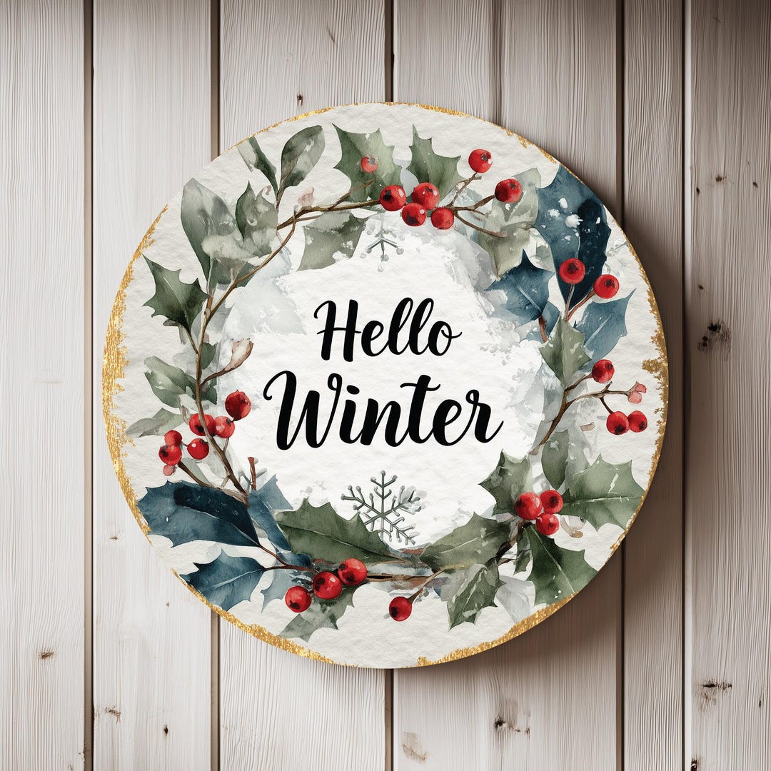 Hello Winter Farmhouse Round Wall Sign | Rustic Seasonal Decor - Etsy