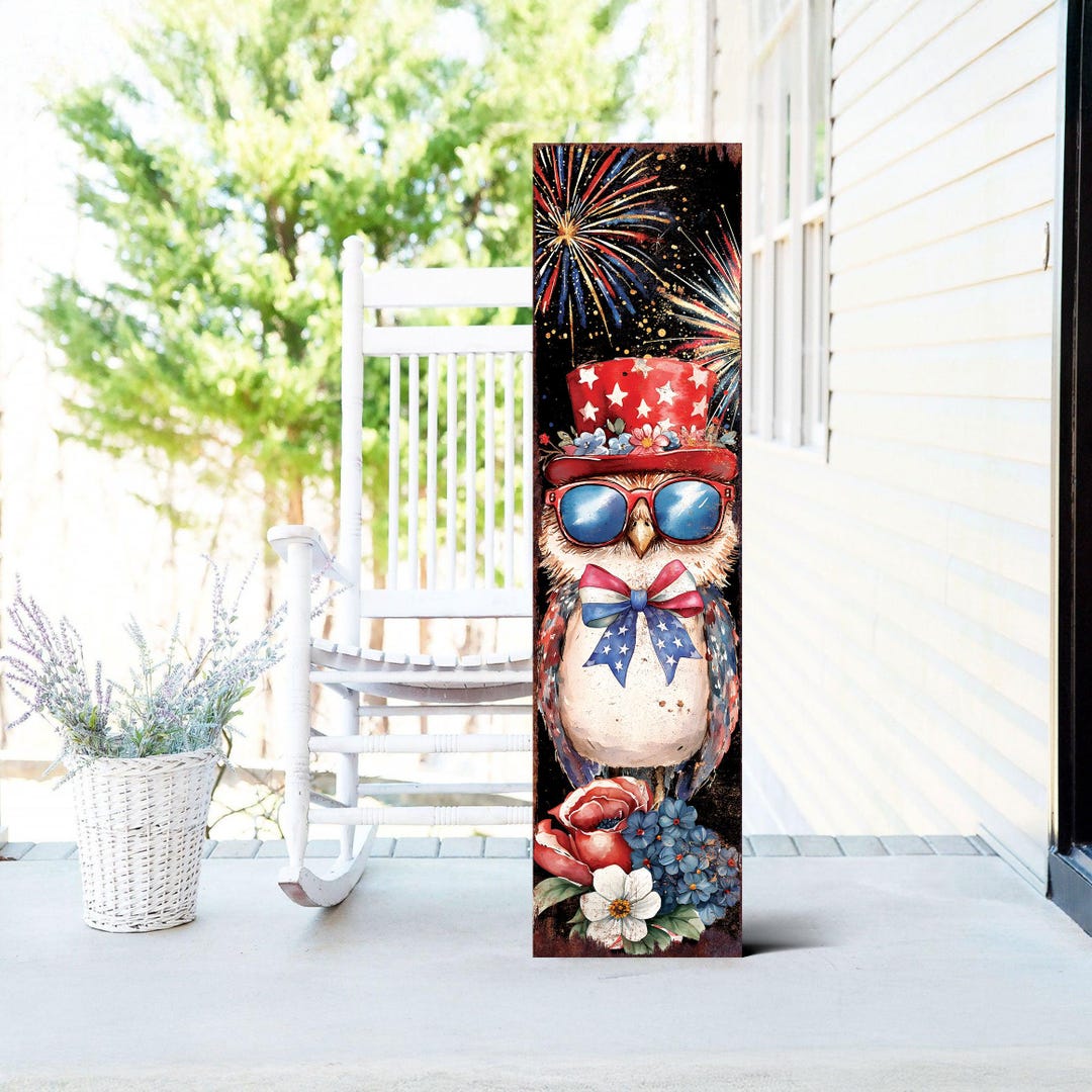 4th of July Porch Sign With Fireworks & Owl | Patriotic Outdoor Decor ...
