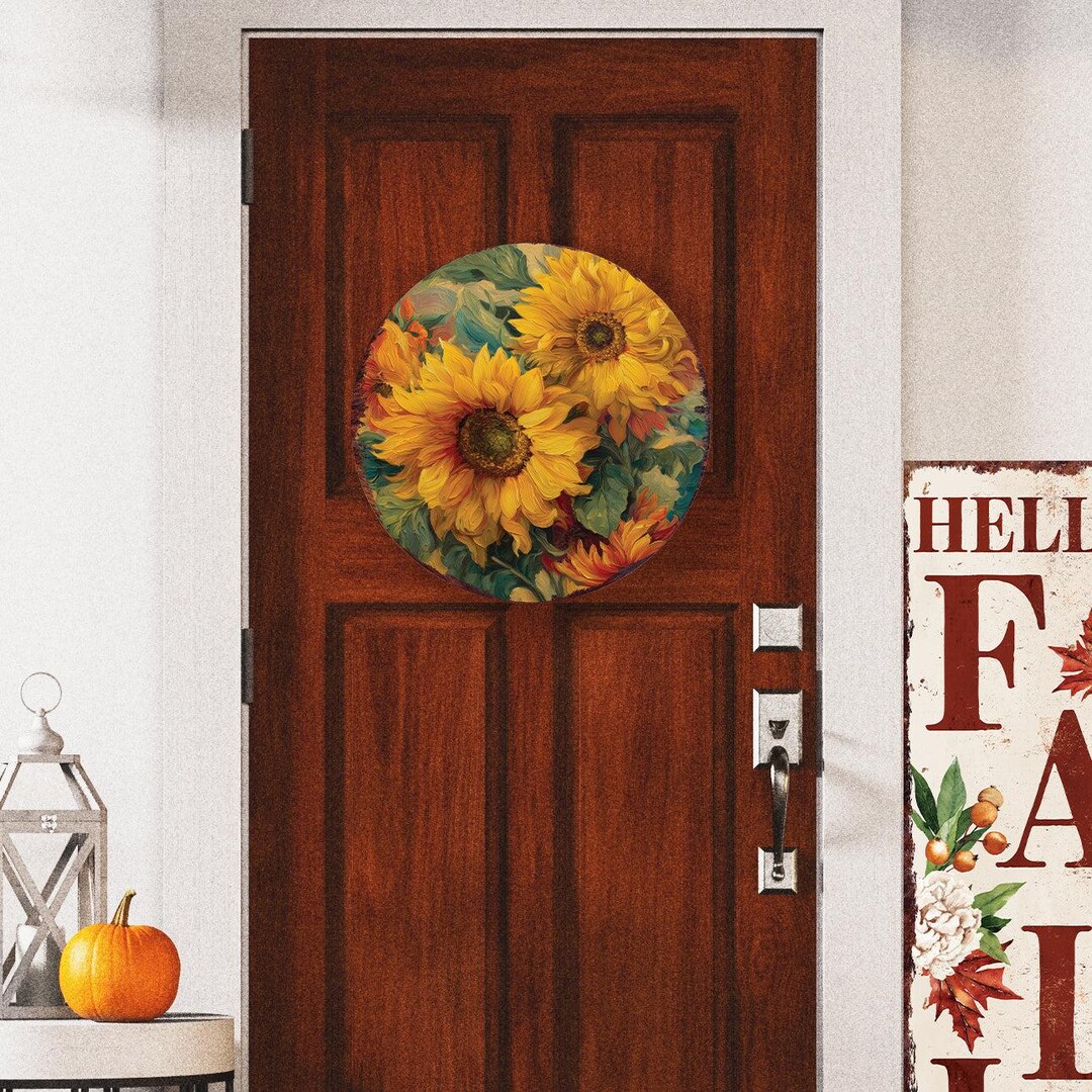 Fall Sunflower Door Hanger – Round Wood Sign, Oil Paint Style UV Print ...