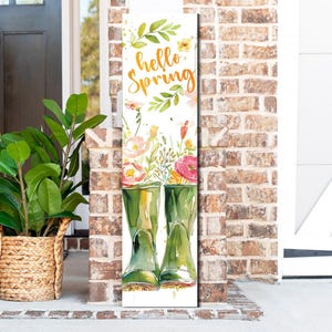 Hello Spring Porch Sign | Wooden Farmhouse Front Door Decor | Rain ...
