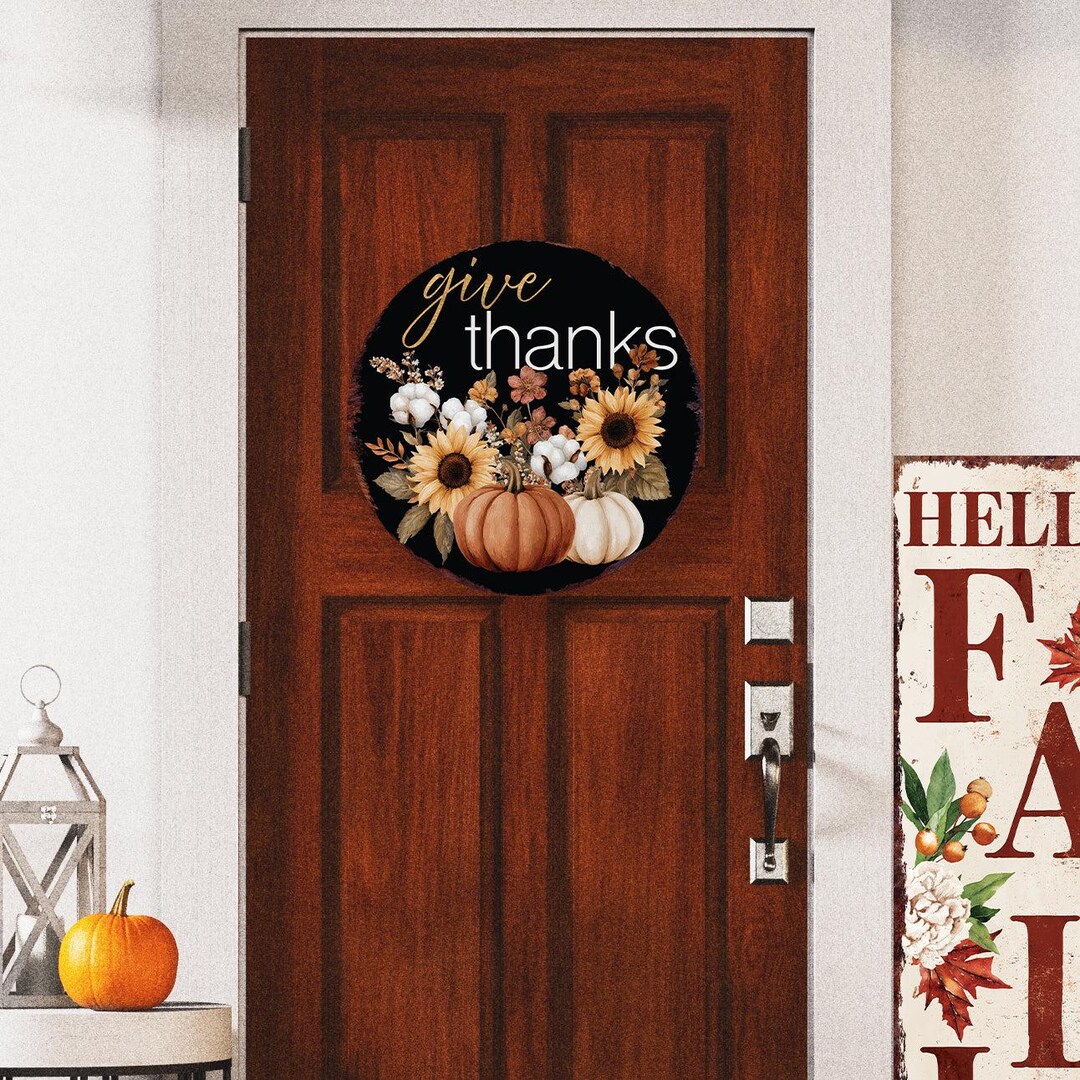 Give Thanks Door Hanger – Round 12–16in Wood Sign With UV Print, Fall ...
