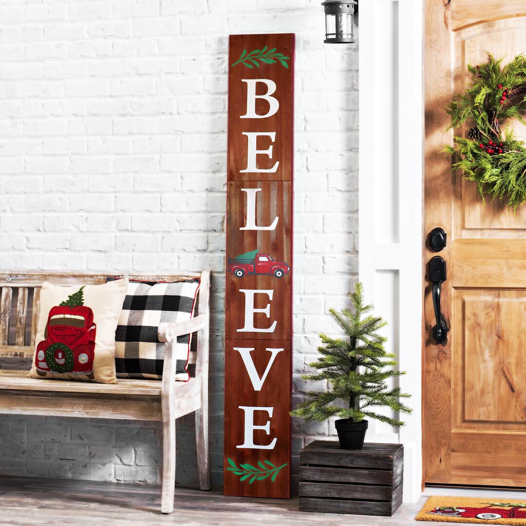 Believe Porch Sign for Front Door, 6ft Vertical Wooden Christmas Porch ...