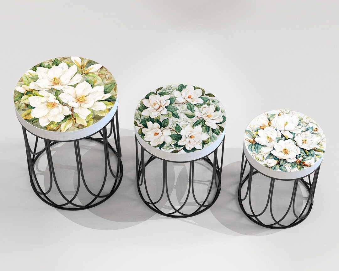 Spring Watercolor Magnolia Accent Table Farmhouse Style Round End ...
