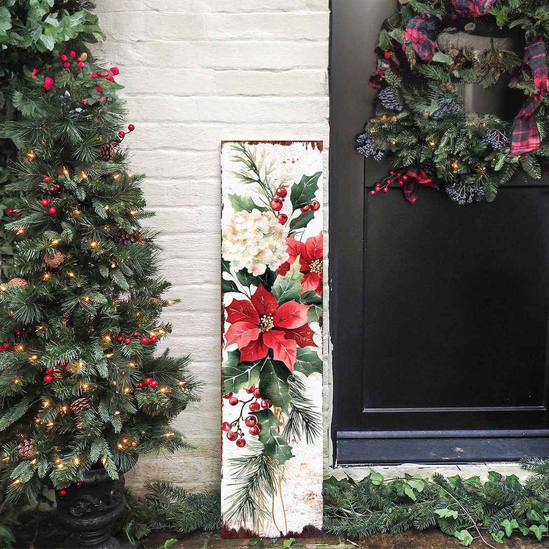 36in Christmas Poinsettias Porch Sign - Christmas Front Porch Plaque ...