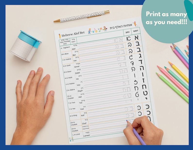 Hebrew Alphabet Writing Practice: Alef Bet Print & Script (PDF Download ...