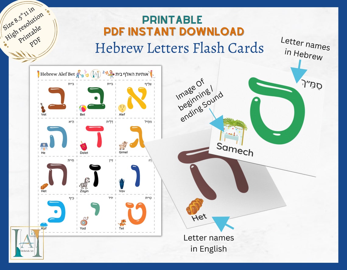 Hebrew Alphabet Letters Flash Cards / Alef - Bet Colorful Printable PDF ...