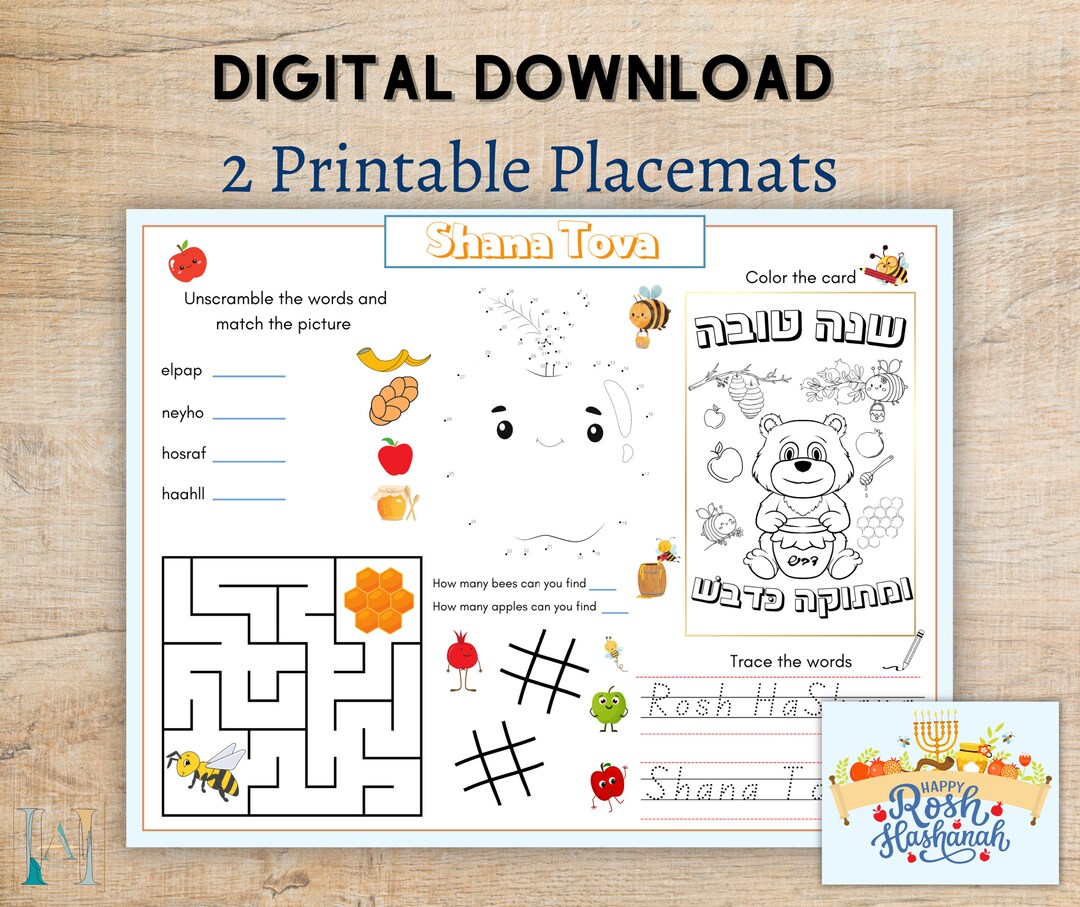 Rosh Hashana Printable Placemat, Coloring Worksheet in English and ...