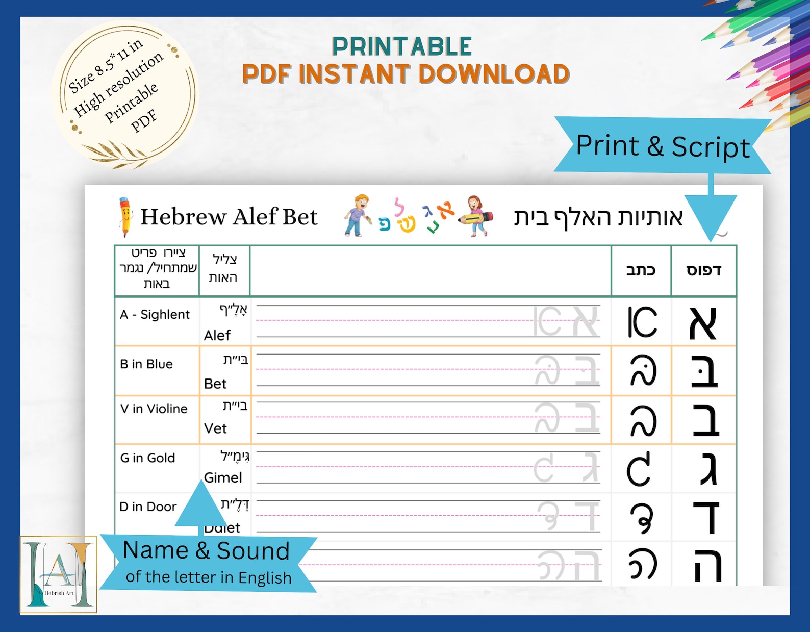 Hebrew Alphabet Writing Practice: Alef Bet Print & Script (PDF Download ...