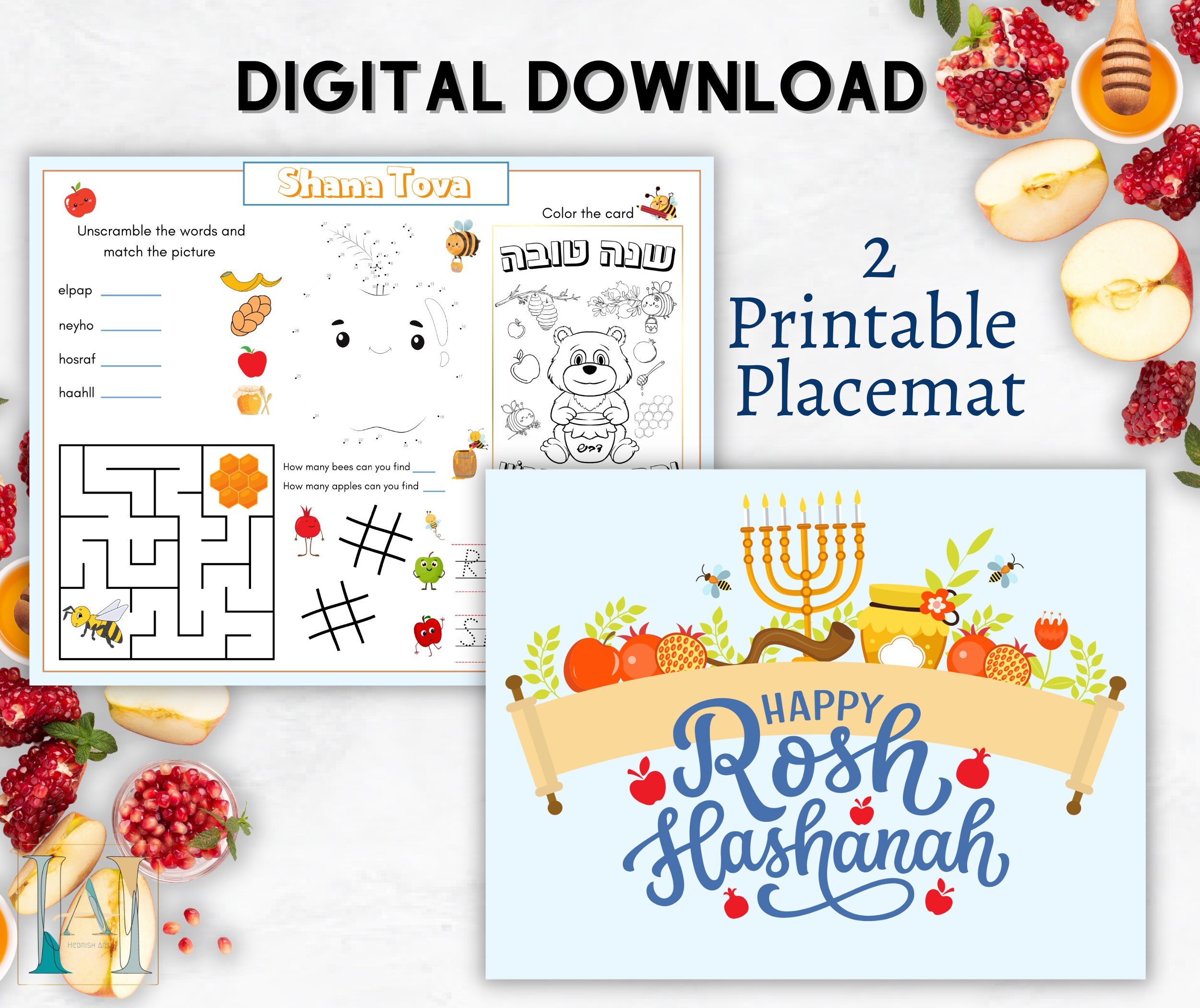 Rosh Hashana Printable Placemat Coloring Worksheet in English - Etsy