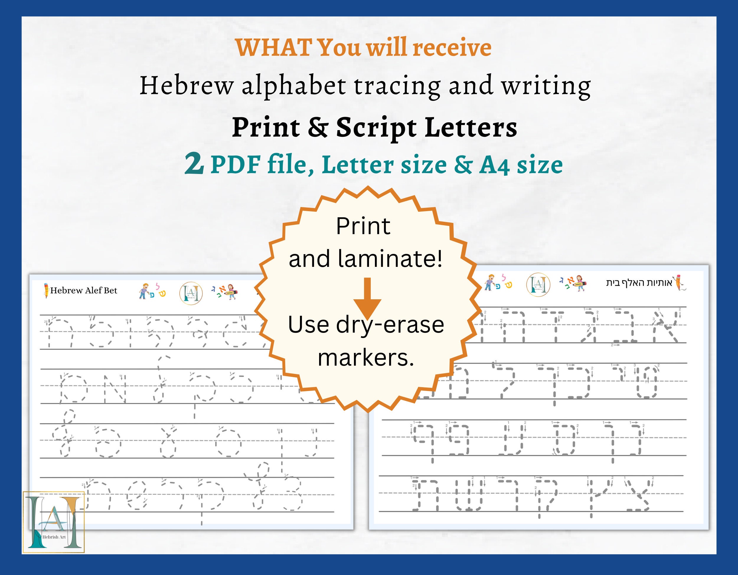 Hebrew Alphabet Writing Practice: Alef Bet Print & Script (PDF Download ...