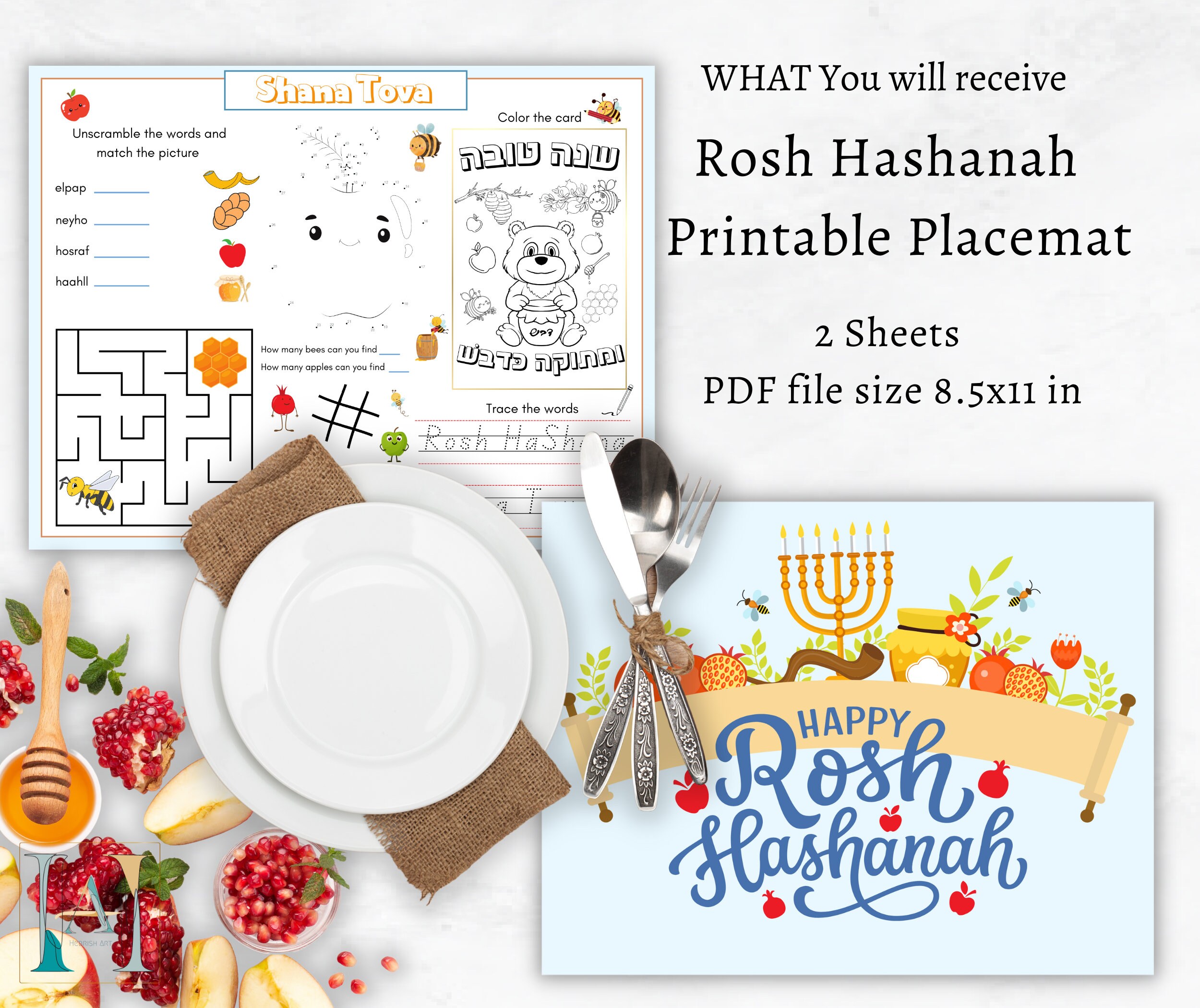 Rosh Hashana Printable Placemat, Coloring Worksheet in English and ...