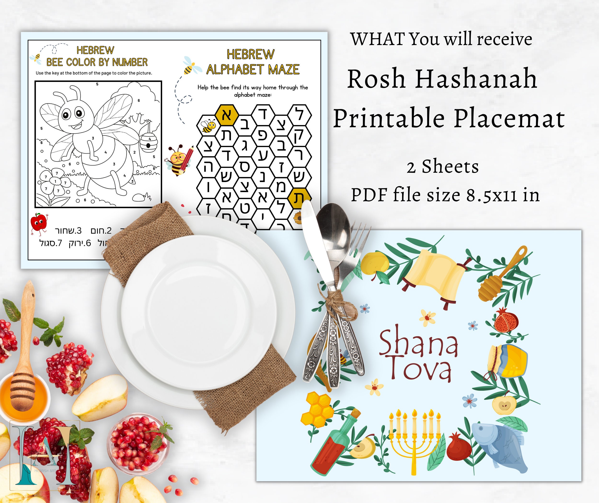 Rosh Hashana Printable Placemat, Color by Number Worksheet and Hebrew ...