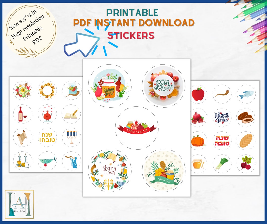 Rosh Hashanah Printable Stickers, Jewish New Year Symbols Sticker Sheet ...