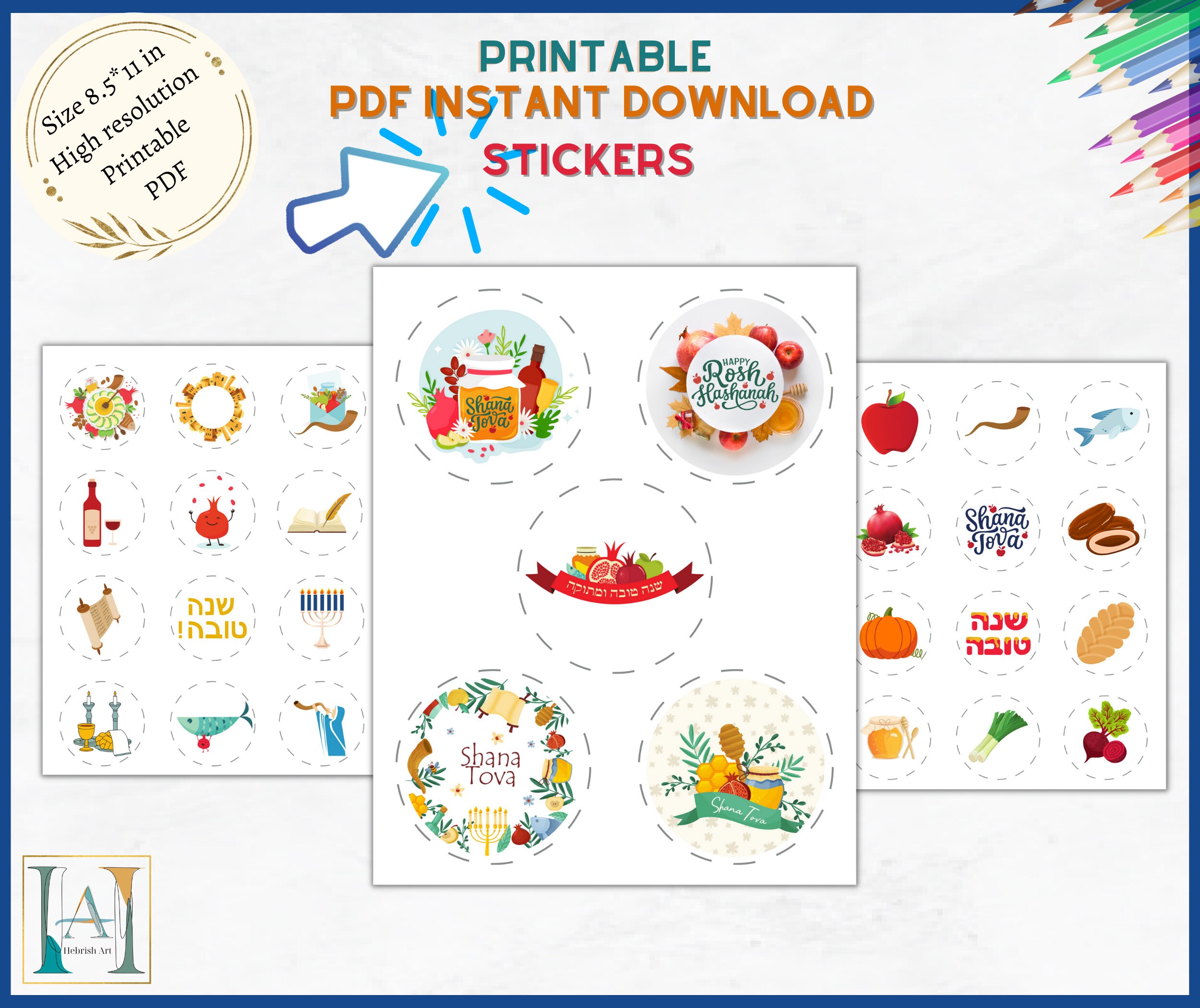 Rosh Hashanah Printable Stickers, Jewish New Year Symbols Sticker Sheet ...
