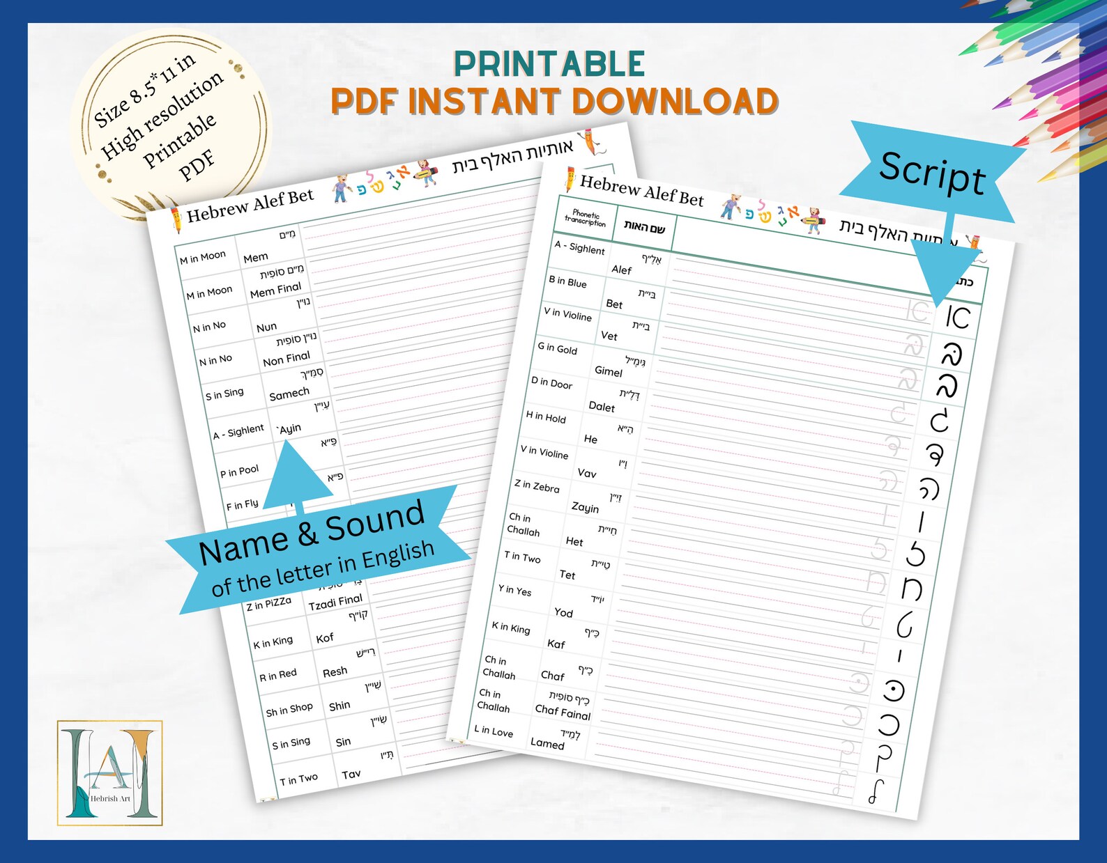 Hebrew Alphabet Letters Writing/tracing Practice, Alef - Bet Script ...