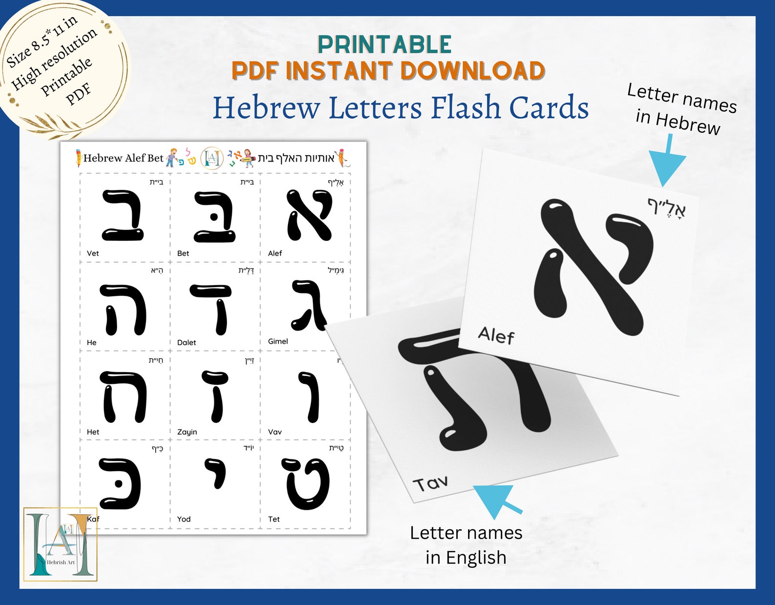 Hebrew Alphabet Letters Flash Cards / Alef - Bet B&W Printable PDF ...