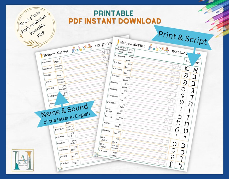 Hebrew Alphabet Writing Practice: Alef Bet Print & Script (PDF Download ...