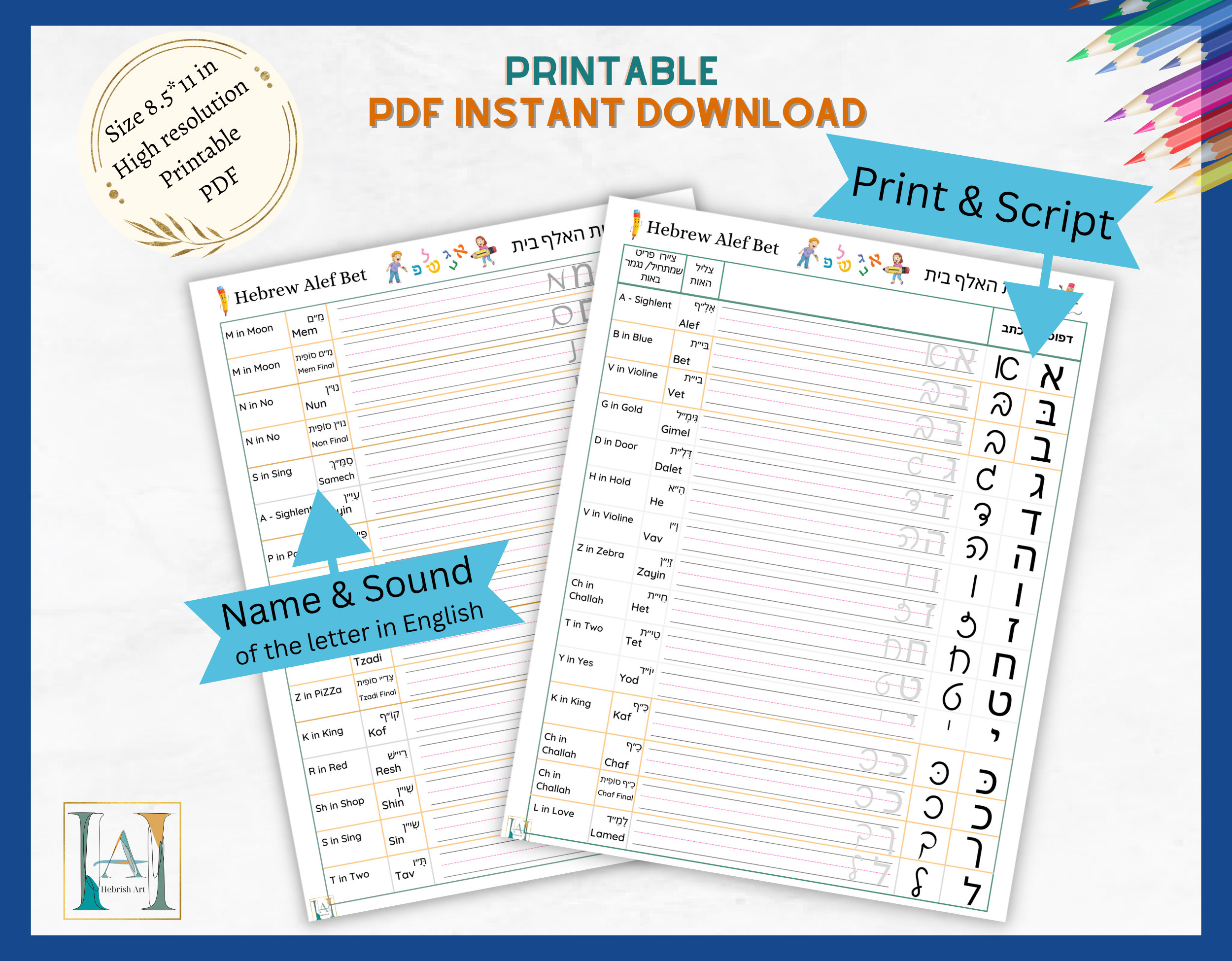 Hebrew Alphabet Writing Practice: Alef Bet Print & Script (PDF Download ...