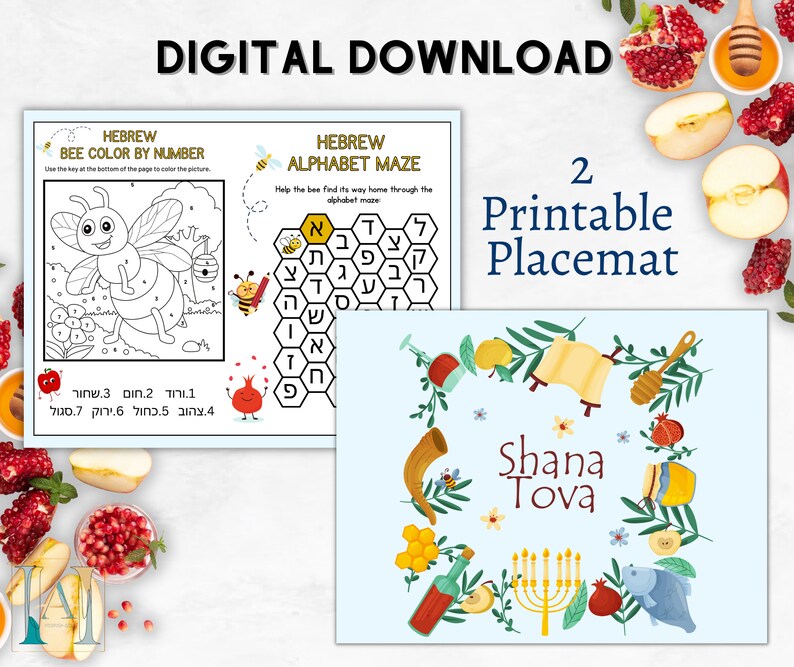 Rosh Hashana Printable Placemat, Color by Number Worksheet and Hebrew ...