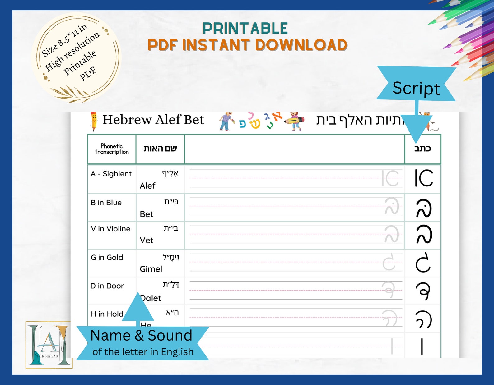 Hebrew Alphabet Letters Writing/tracing Practice, Alef - Bet Script ...