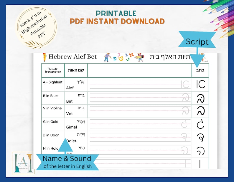 Hebrew Alphabet Letters Writing/tracing Practice, Alef - Bet Script ...