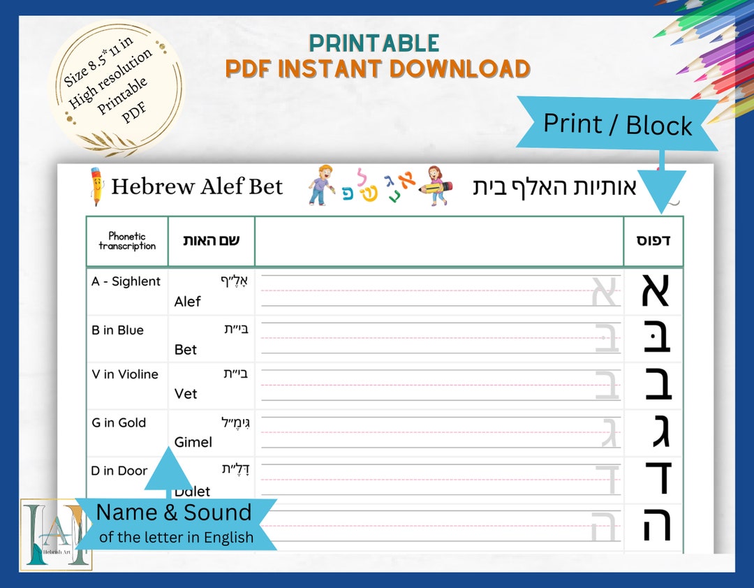 Hebrew Alphabet Letters Writing/tracing Practice, Alef - Bet Print ...