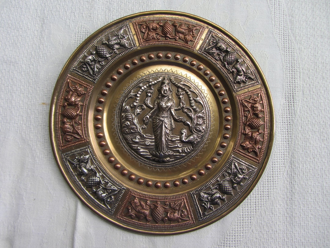 Antique Tanjore/thanjavur Indian Brass Hanging Plate With Copper and ...