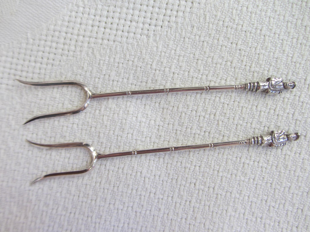 Pair Antique Chinese Export Silver Oyster Forks, 2 Prong Seafood Forks ...