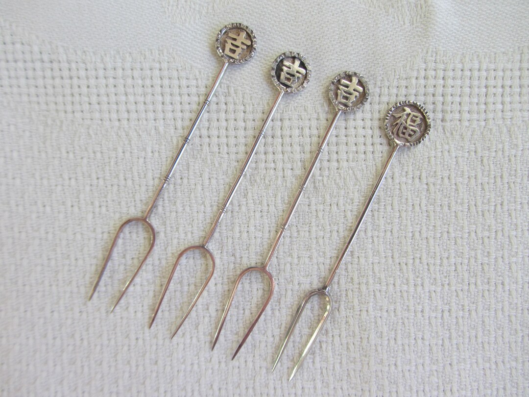Antique Chinese Export Silver Oyster Forks, 2 Prong Seafood Forks, 3 WH ...