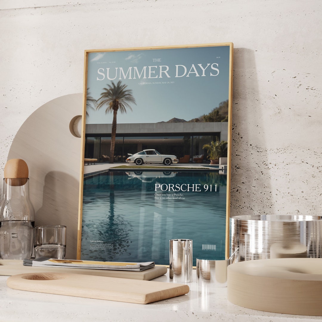 Magazine Cover Porsche 911 by the Pool, Vintage Porsche Print, Porsche ...