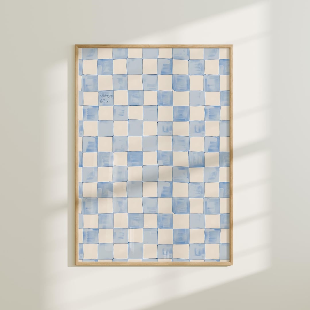 Light Blue Checkered Pattern Wall Art, Watercolor Plaid Print ...