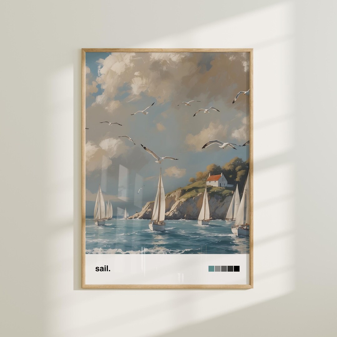 Muted Nautical Painting, Vintage Sailboat Wall Art, Neutral Seascape ...