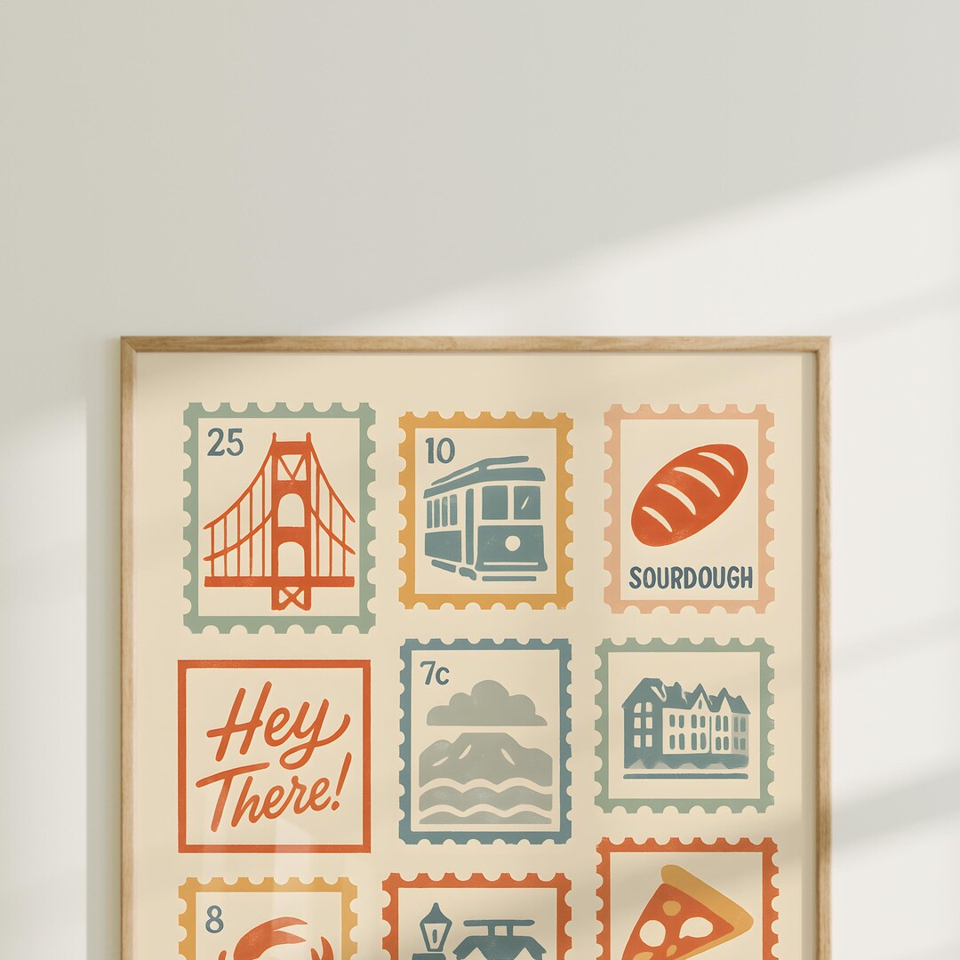 San Francisco Stamp Art Print – Golden Gate, Cable Car (digital ...