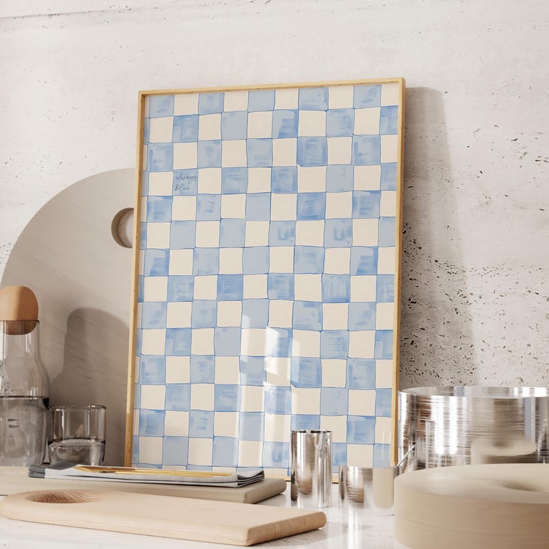 Light Blue Checkered Print, Watercolor Plaid Wall Art (digital Download ...