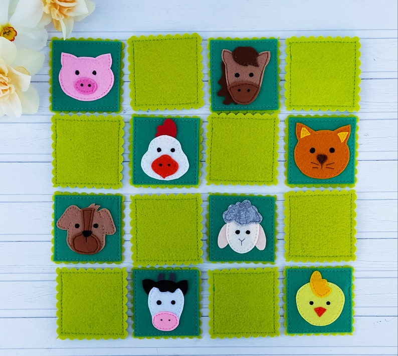 Felt Memory Game PDF Pattern Farm Animals Matching Cards | Etsy