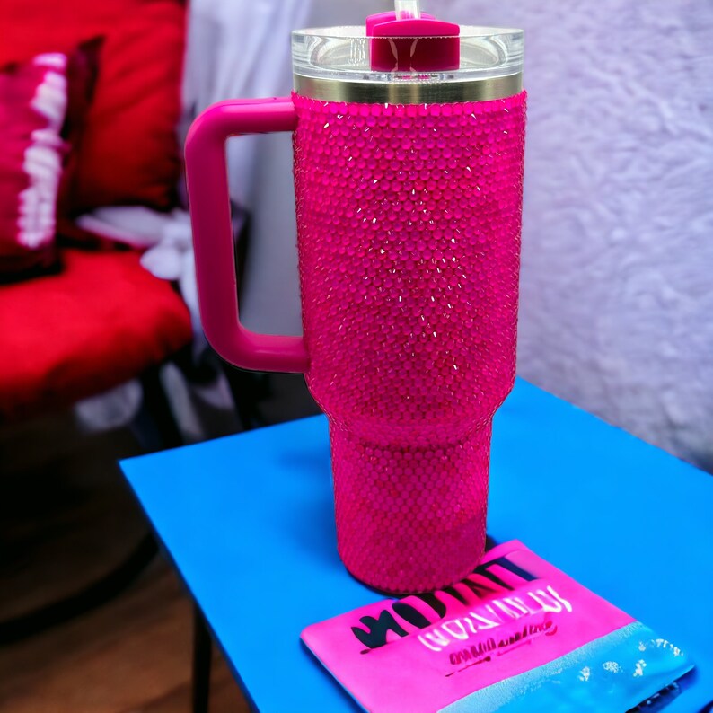 Stanley 40 Oz Blinged /glass Rhinestoned Neon Pink Stanley Cup - Etsy