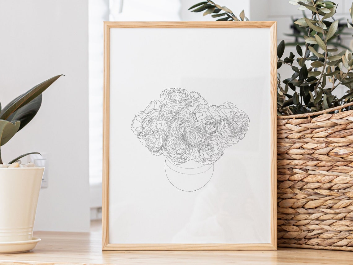 Ranunculus Flower Bouquet Line Art Flower Digital Art - Etsy
